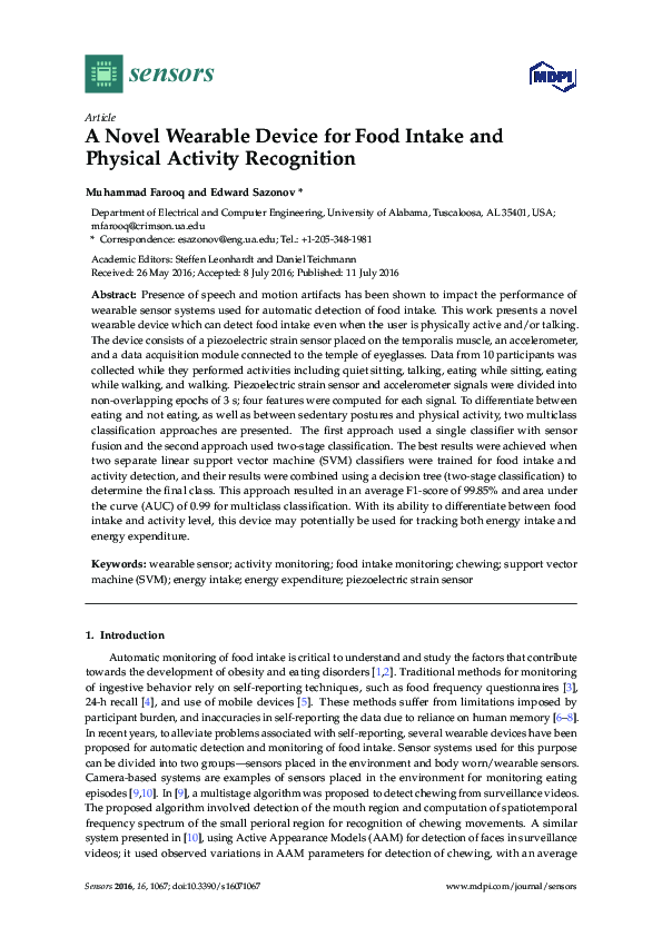 (PDF) A Novel Wearable Device for Food Intake and Physical Activity Recognition
