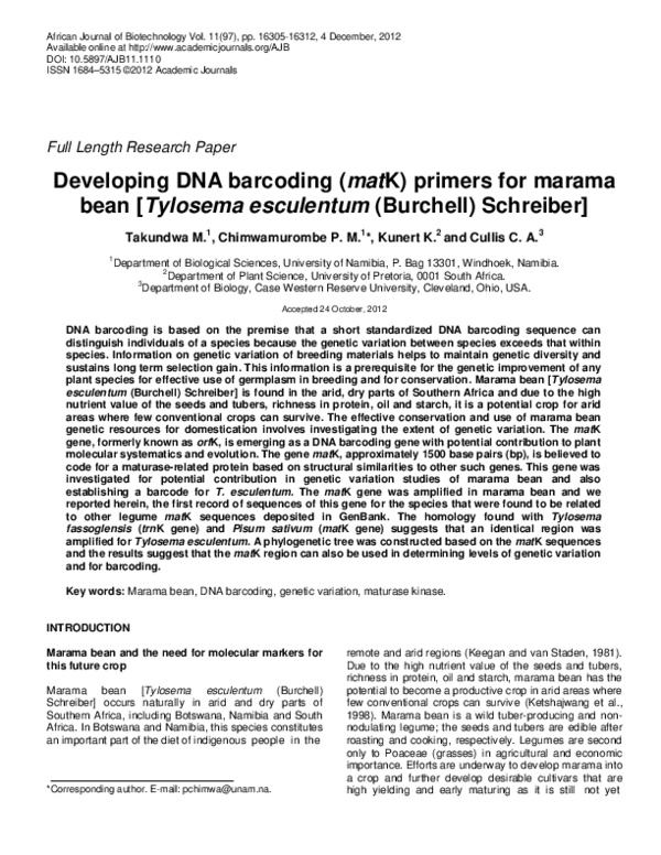 (PDF) Developing DNA barcoding (matK) primers for marama bean [Tylosema ...