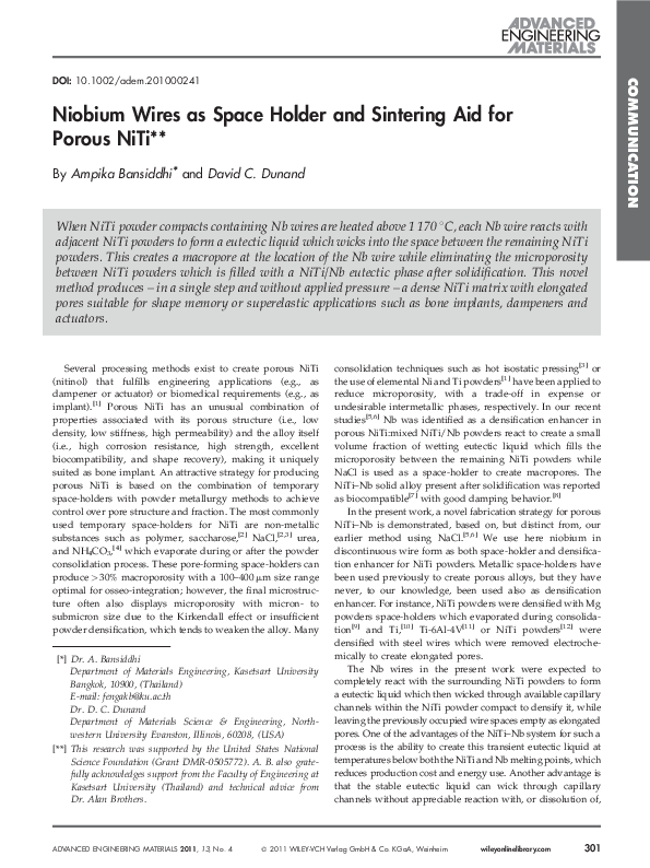 (PDF) Niobium Wires as Space Holder and Sintering Aid for Porous NiTi
