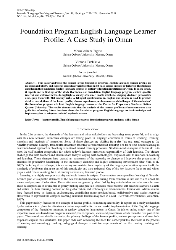 (PDF) Foundation Program English Language Learner Profile: A Case Study ...