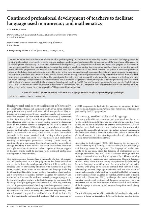 (PDF) Continued professional development of teachers to facilitate ...