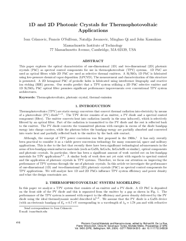 (PDF) 1D and 2D photonic crystals for thermophotovoltaic applications