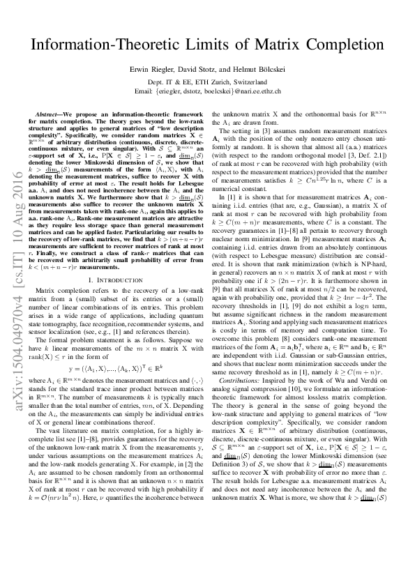 (PDF) Information-theoretic limits of matrix completion