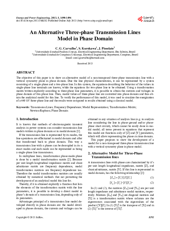 Pdf An Alternative Three Phase Transmission Lines Model In Phase Domain