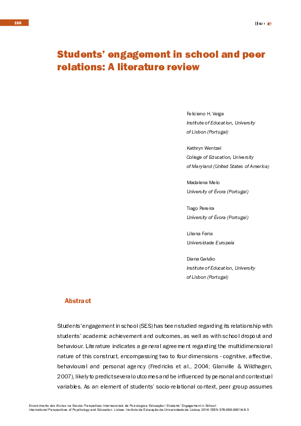 (PDF) Students' engagement in school and peer relations: A literature review