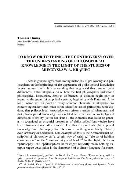 (PDF) To Know or to Think—The Controversy Over the Understanding of ...