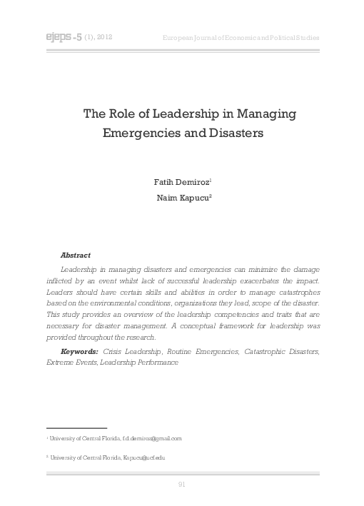 (PDF) The Role of Leadership in Managing Emergencies and Disasters