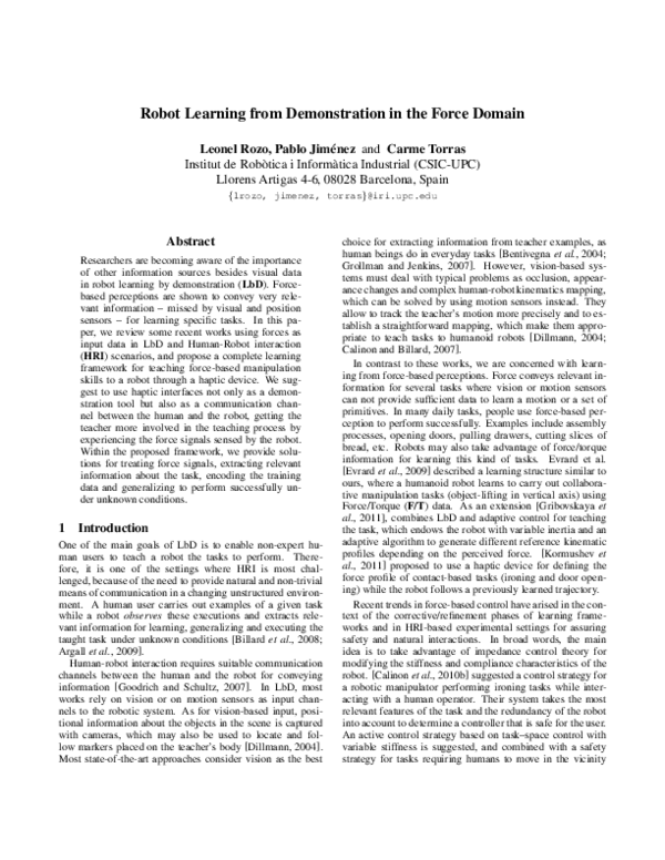 (PDF) Robot learning from demonstration in the force domain