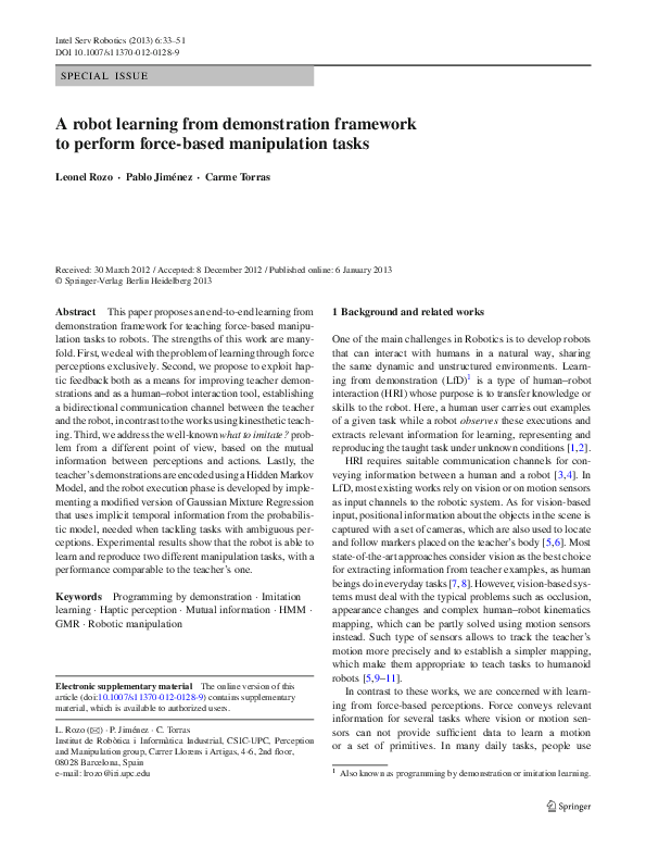 Pdf A Robot Learning From Demonstration Framework To Perform Force Based Manipulation Tasks