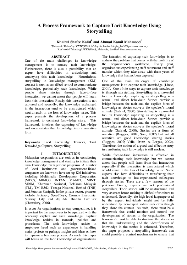(PDF) A Process Framework to Capture Tacit Knowledge Using Storytelling