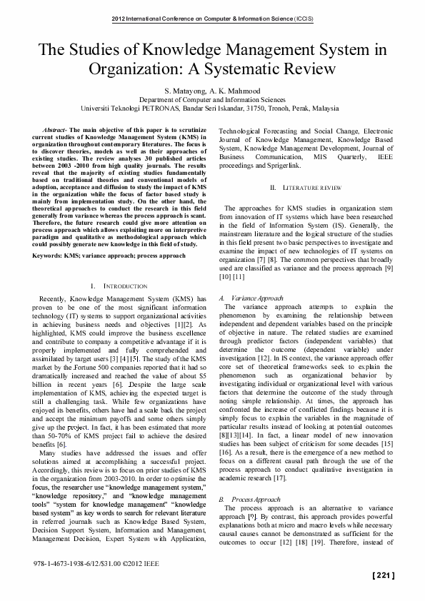 (PDF) The studies of Knowledge Management System in organization: A ...