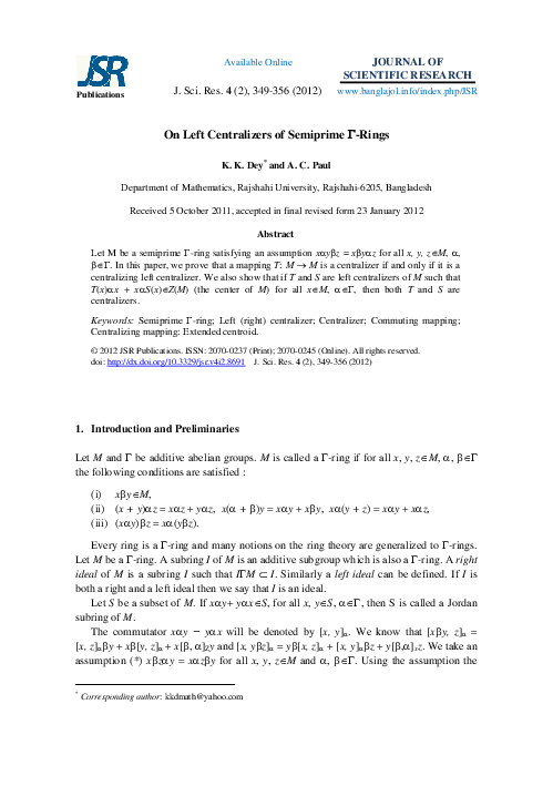 (PDF) On Left Centralizers of Semiprime Γ-Rings