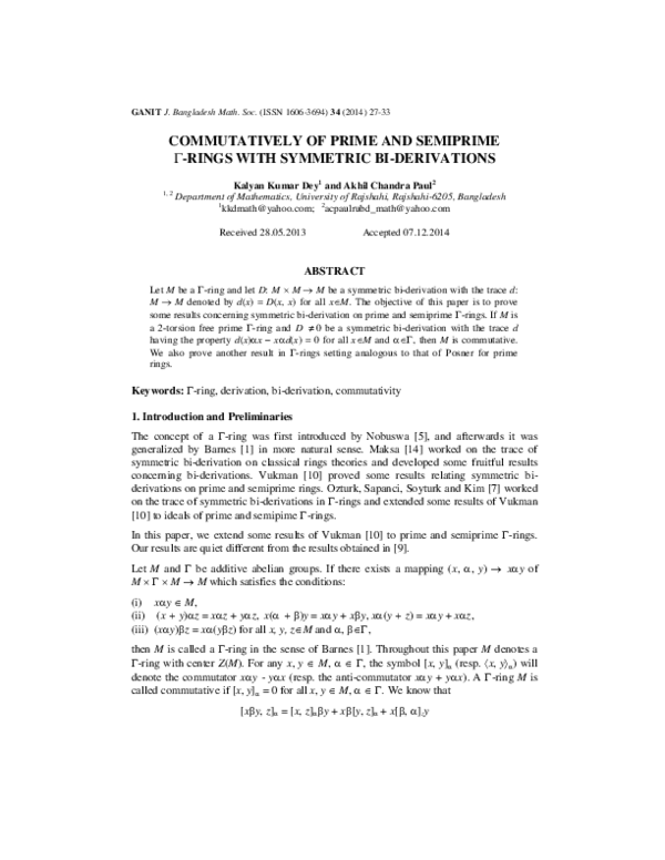 (PDF) Commutatively of Prime and Semiprime Г-Rings with Symmetric BI ...