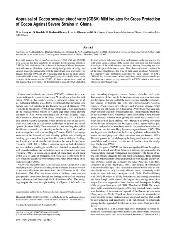 (PDF) Appraisal of cocoa swollen shoot virus (CSSV) mild isolates for ...