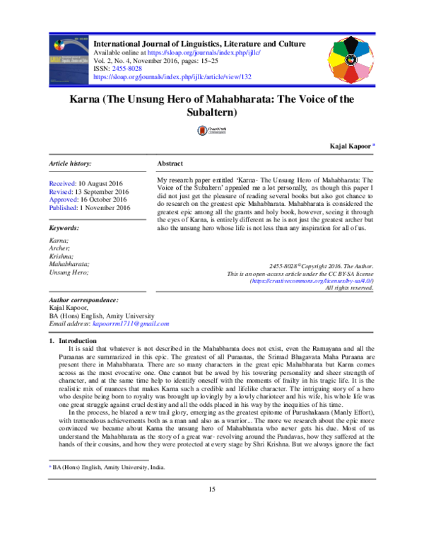 (PDF) Karna “The Unsung Hero of Mahabharata: The Voice of the Subaltern”