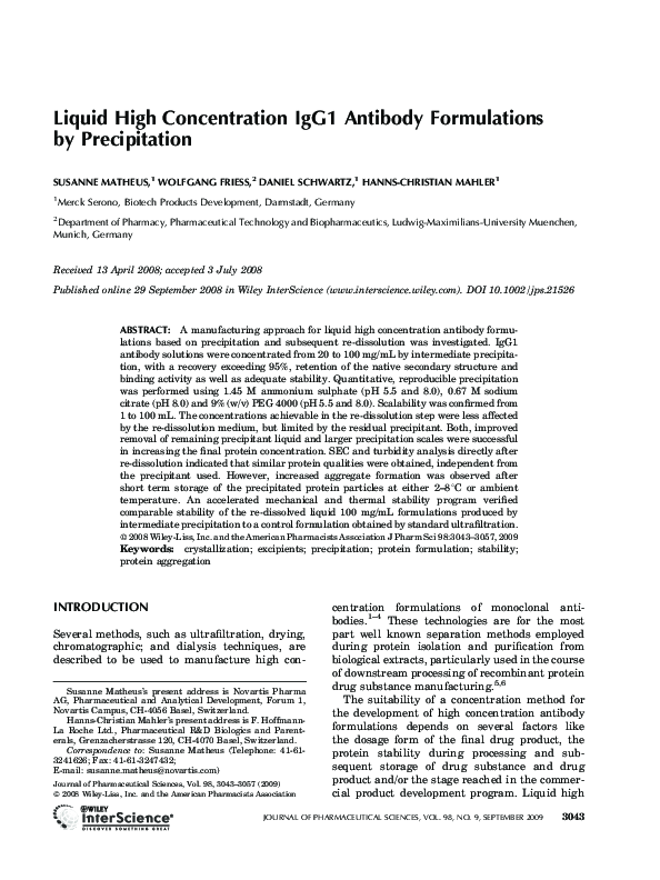(PDF) Liquid high concentration IgG1 antibody formulations by precipitation