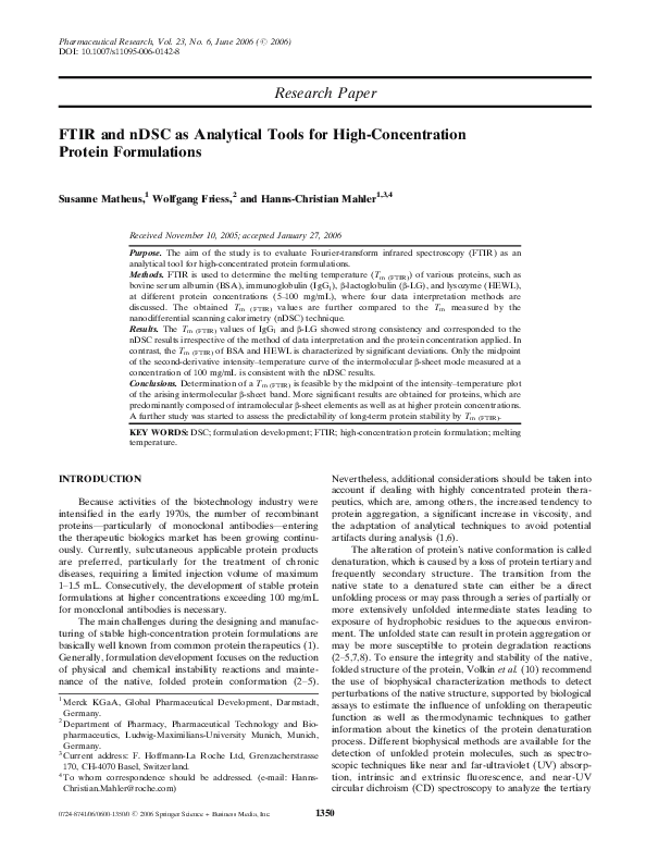 (PDF) FTIR and nDSC as Analytical Tools for High-Concentration Protein ...