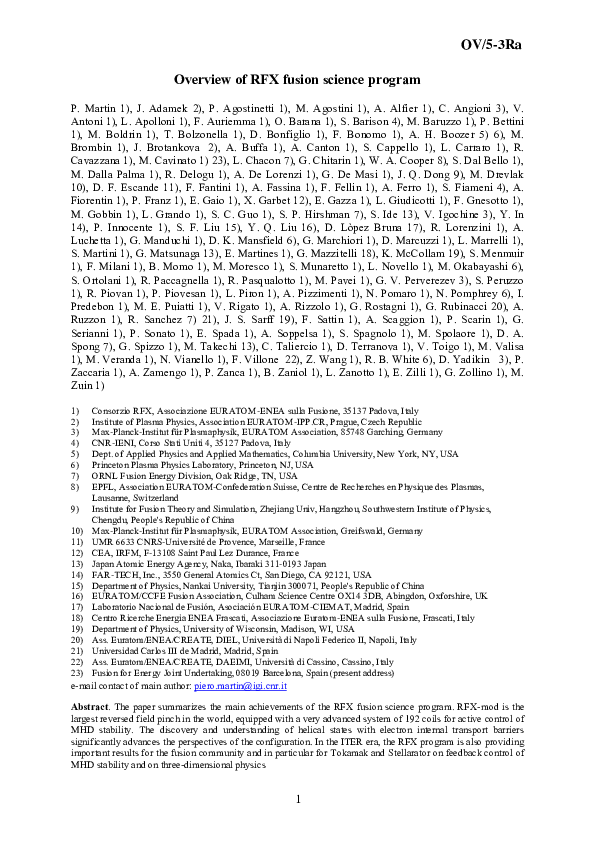 (PDF) OV / 5-3 Ra 1 Overview of RFX fusion science program