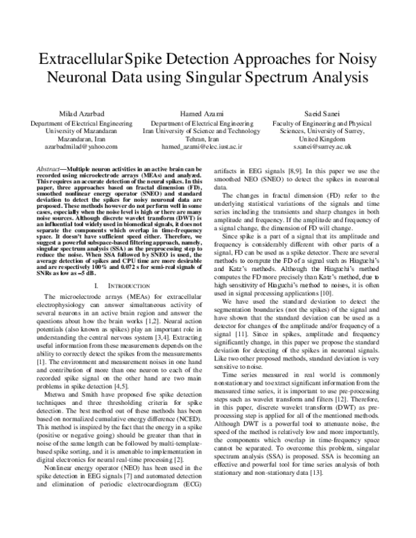 (PDF) Extracellular Spike Detection Approaches for Noisy Neuronal Data using Singular Spectrum ...