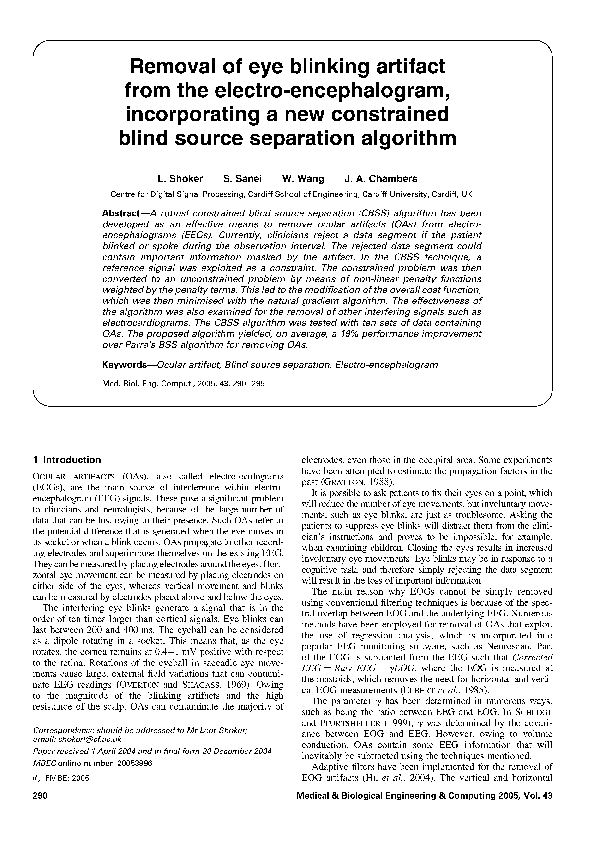 Pdf Novel Cbss Method To Remove Eye Blinking Artifacts