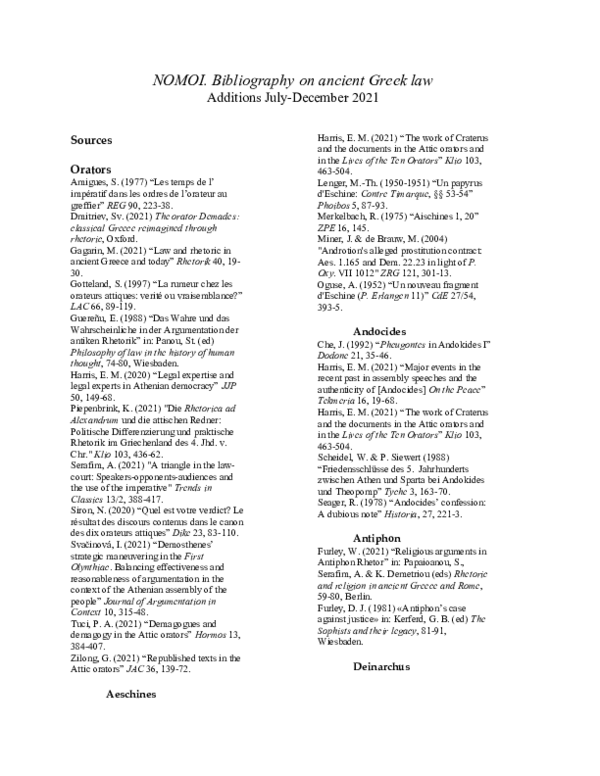 (DOC) NOMOI. Bibliography on ancient Greek law Addenda 2021B