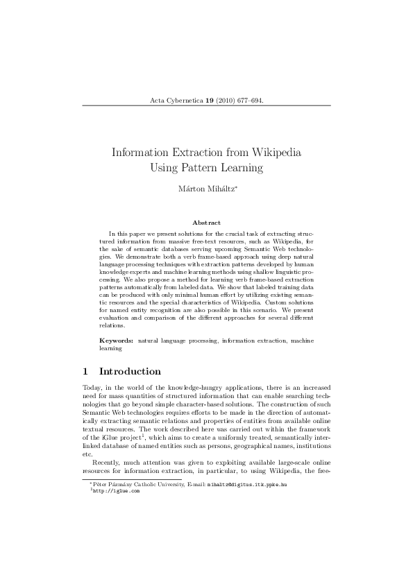 (PDF) Information Extraction from Wikipedia Using Pattern Learning