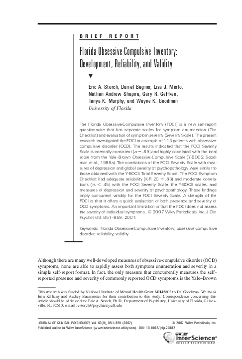 (PDF) Florida obsessive‐compulsive inventory: Development, reliability ...