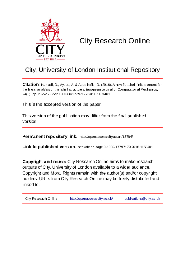 Pdf A New Flat Shell Finite Element For The Linear Analysis Of Thin Shell Structures