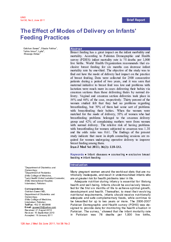 (PDF) The Effect of Modes of Delivery on Infants' Feeding Practices