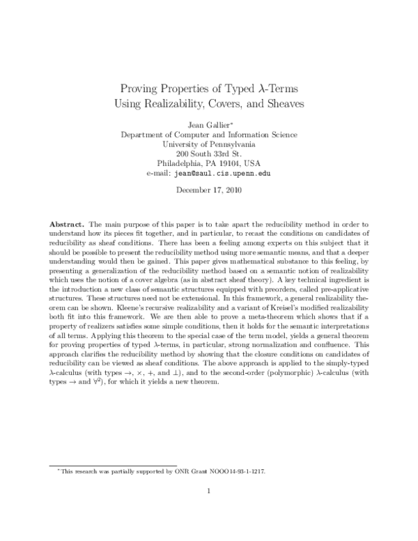 (PDF) Proving properties of typed lambda terms: Realizability, covers, and sheaves