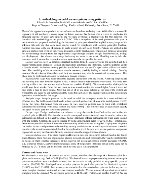 (PDF) A Methodology to Build Secure Systems Using Patterns
