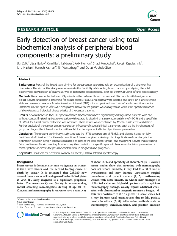 (PDF) Early detection of breast cancer using total biochemical analysis ...