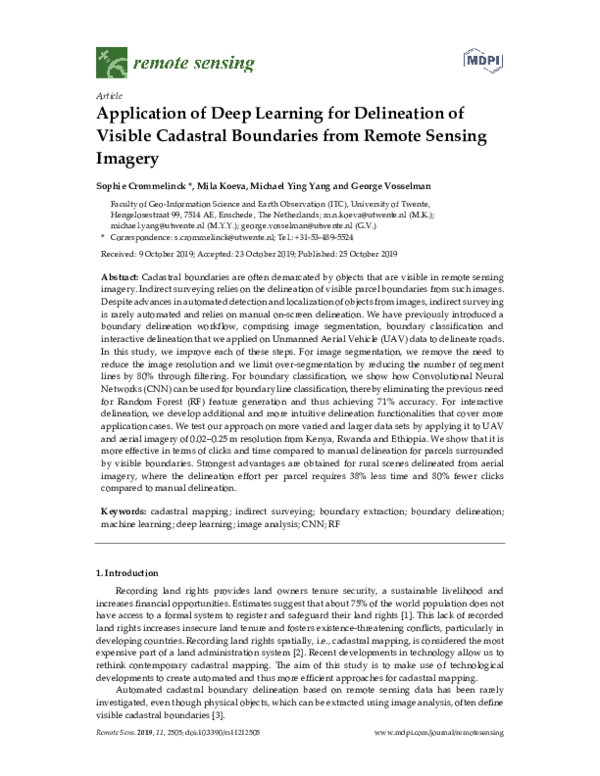 Pdf Application Of Deep Learning For Delineation Of Visible Cadastral Boundaries From Remote