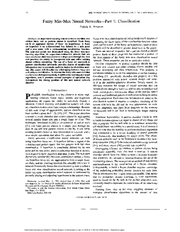 Pdf Fuzzy Min Max Neural Networks Part 1 Classification