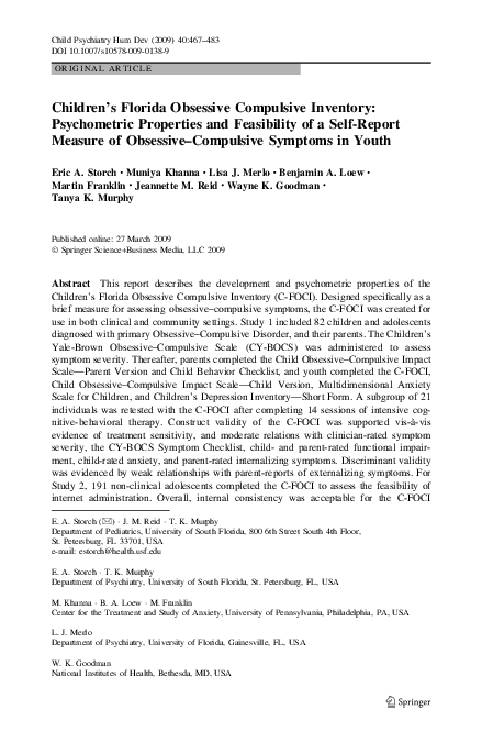(PDF) Children’s Florida Obsessive Compulsive Inventory: Psychometric ...
