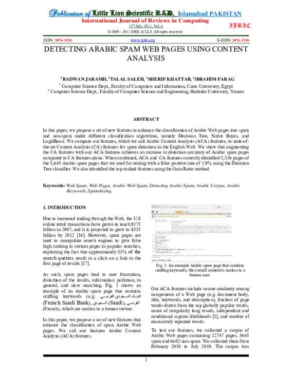 Pdf Detecting Arabic Spam Web Pages Using Content Analysis