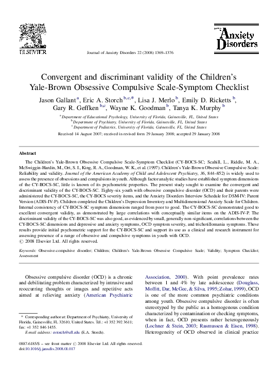 (PDF) Convergent and discriminant validity of the Children's Yale-Brown Obsessive Compulsive ...