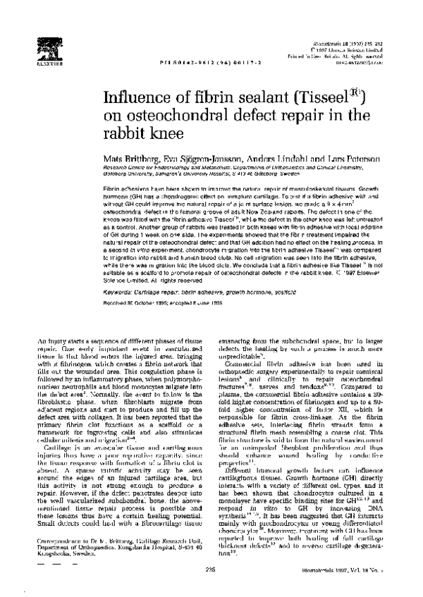 (PDF) Influence of fibrin sealant (Tisseel®) on osteochondral defect ...