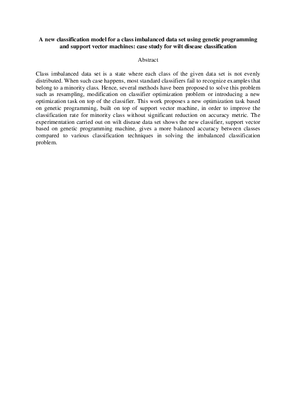 (PDF) A new classification model for a class imbalanced data set using genetic programming and ...