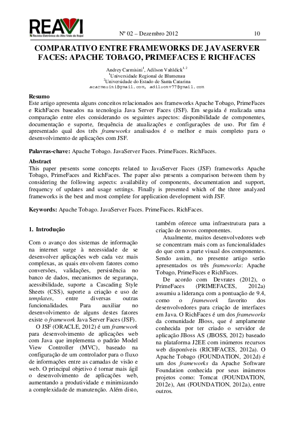 (PDF) Comparativo Entre Frameworks De JSF: Apache Tobago, Primefaces e Richfaces