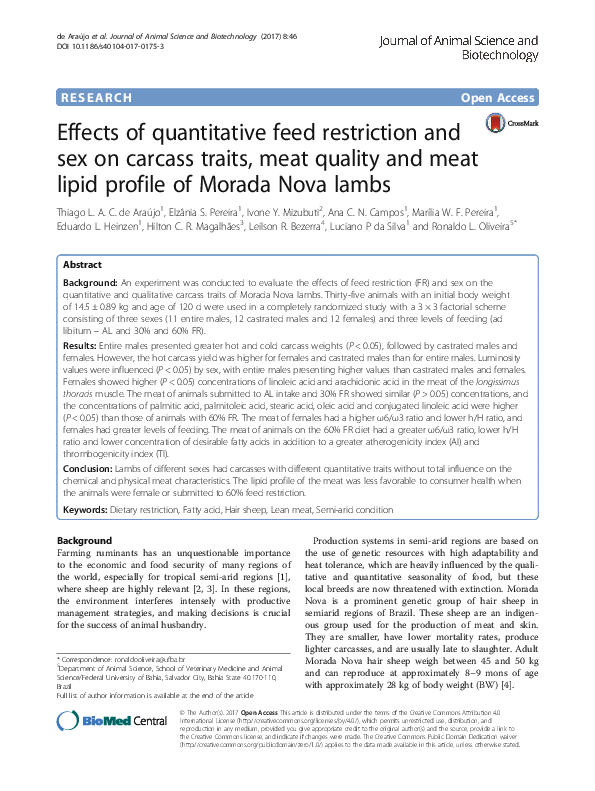 (PDF) Effects of quantitative feed restriction and sex on carcass traits, meat quality and meat ...