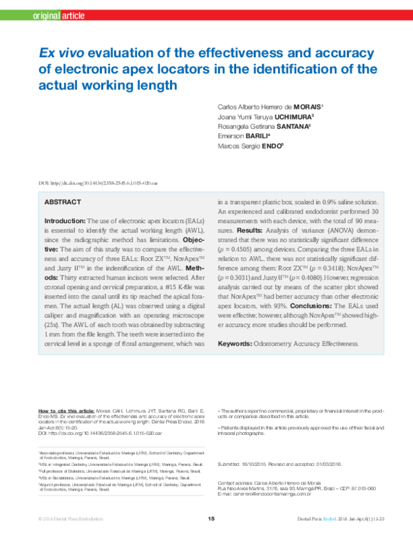 Pdf Ex Vivo Evaluation Of The Effectiveness And Accuracy Of Electronic Apex Locators In The