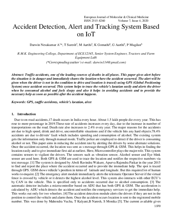 (PDF) Accident Detection, Alert and Tracking System Based on IoT
