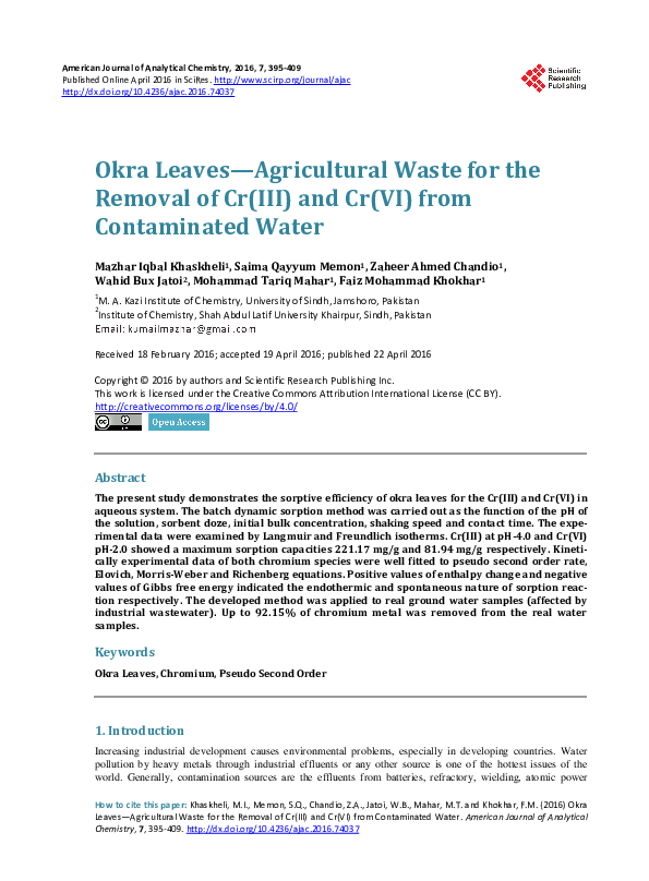 (PDF) Okra Leaves—Agricultural Waste for the Removal of Cr(III) and Cr ...