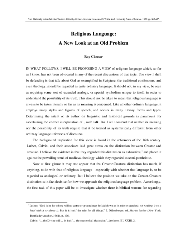 (PDF) Religious Language : A New Look at an Old Problem