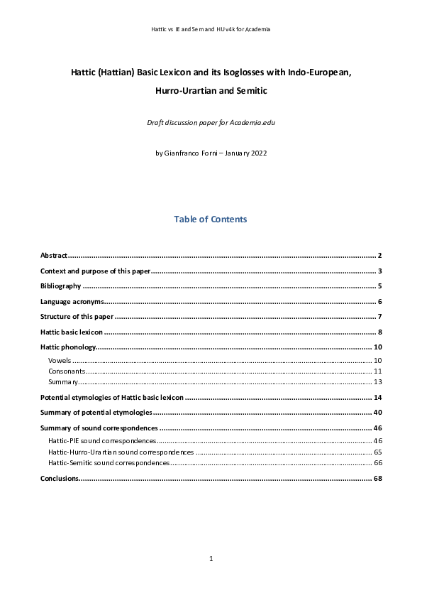 (PDF) Hattic (Hattian) Basic Lexicon and its Isoglosses with Indo ...