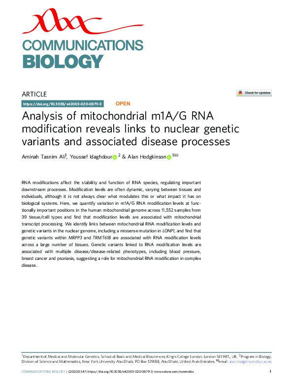 (PDF) Analysis of mitochondrial m1A/G RNA modification reveals links to ...