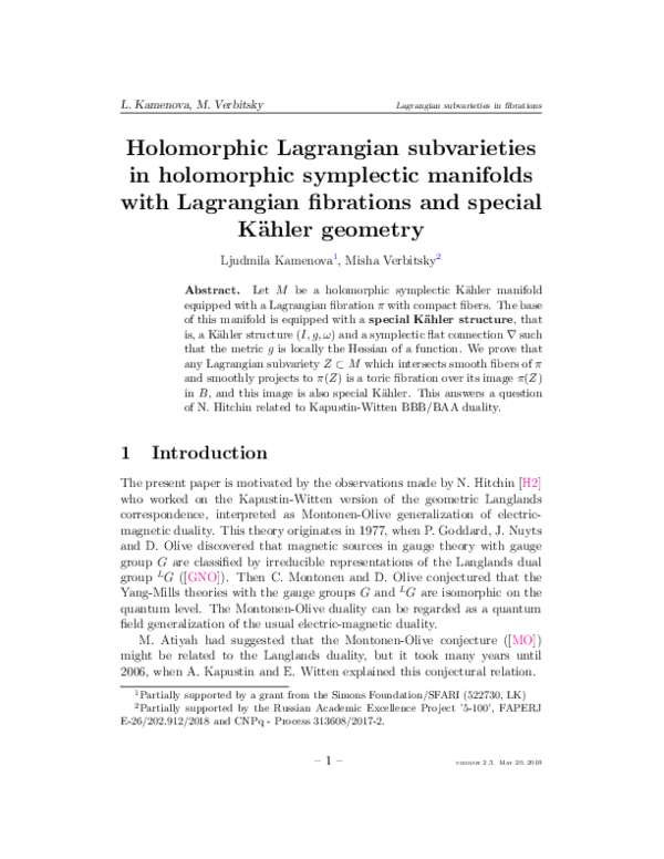 (PDF) Holomorphic Lagrangian subvarieties in holomorphic symplectic manifolds with Lagrangian ...
