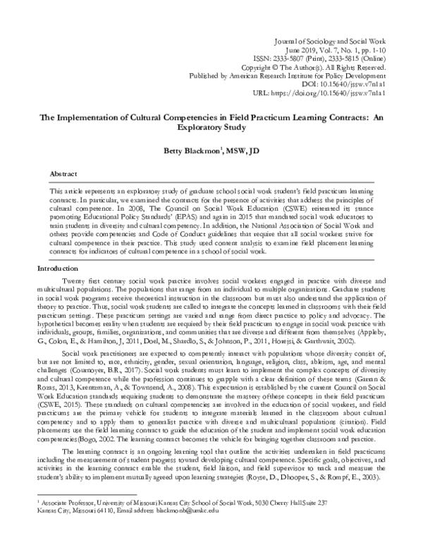 (PDF) The Implementation of Cultural Competencies in Field Practicum ...
