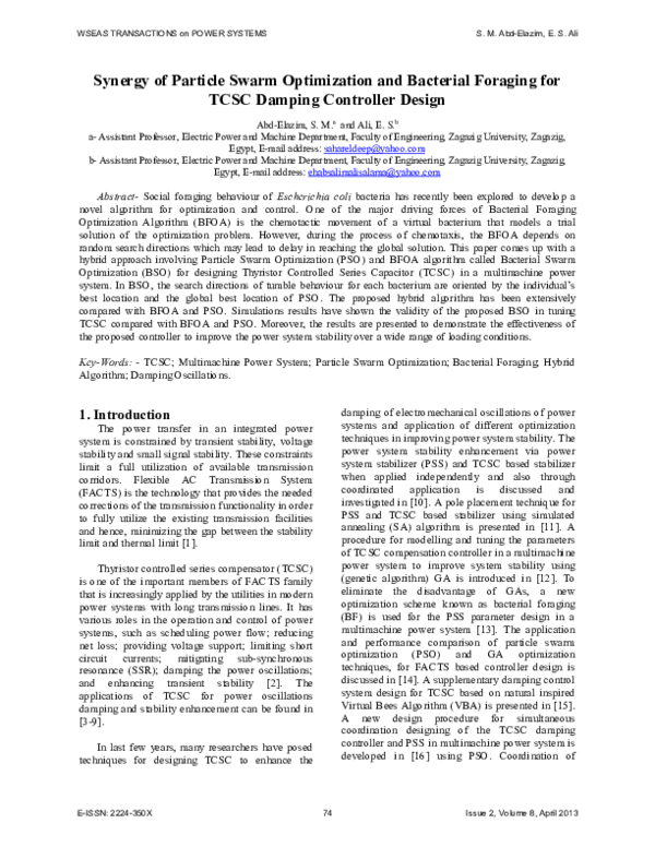 Pdf Synergy Of Particle Swarm Optimization And Bacterial Foraging For Sssc Damping Controller